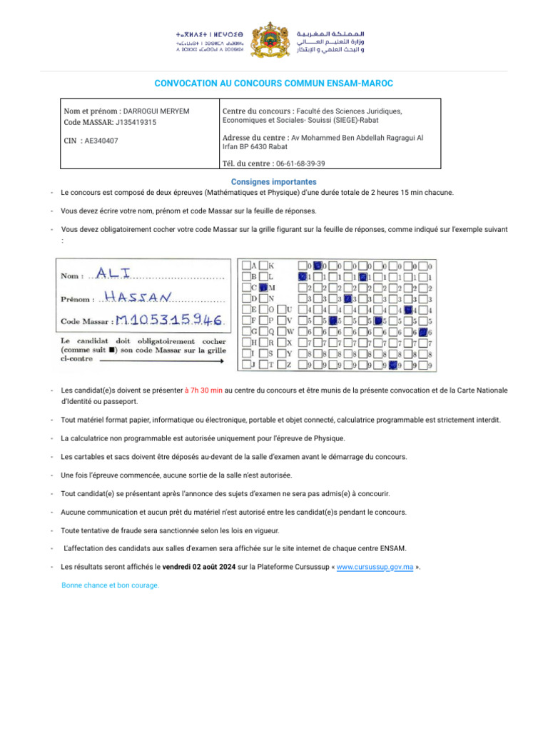 Convocation Concours ENSAM 2025 | PDF