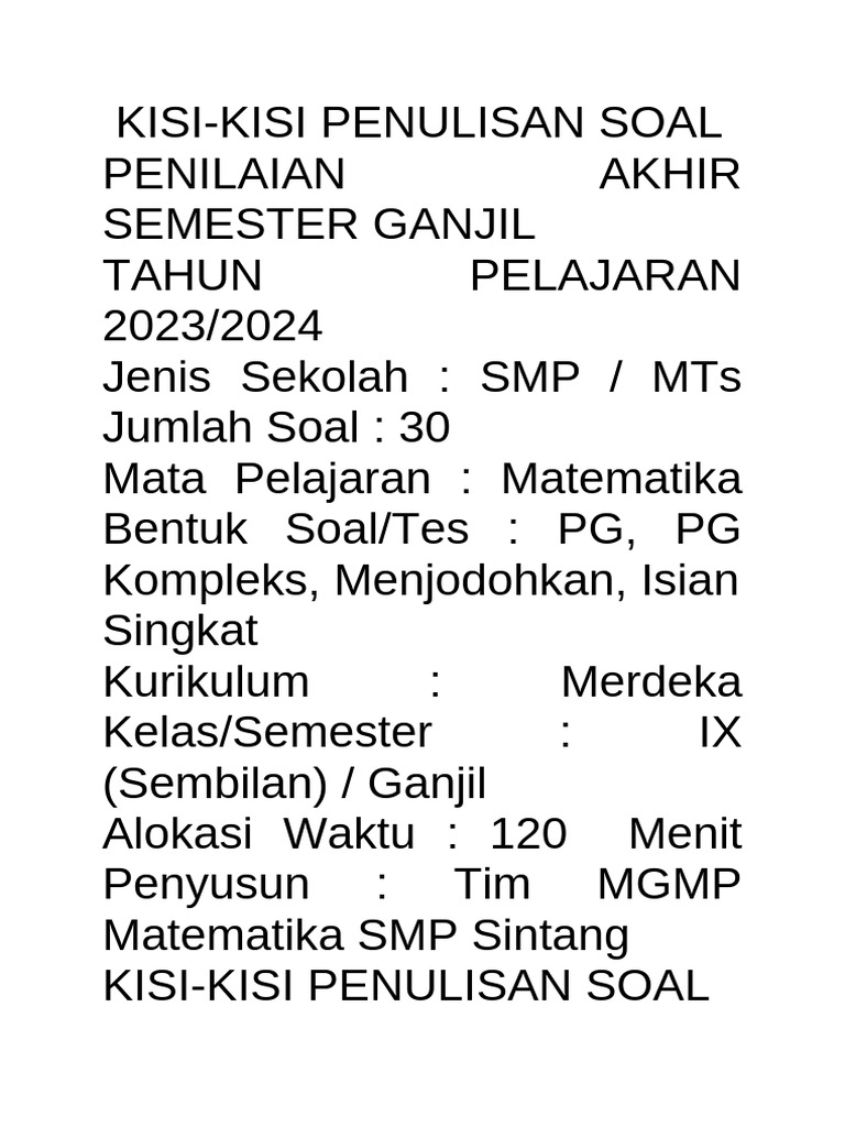 Kisi-Kisi Pas KLS 9 | PDF