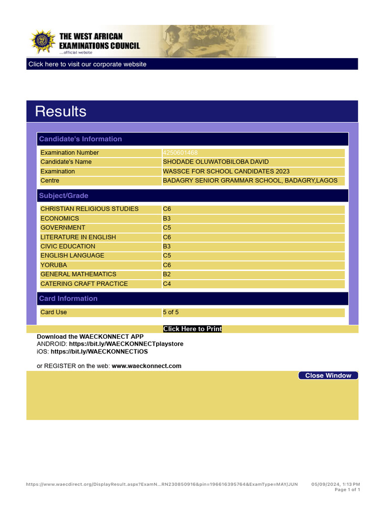 Waecdirect Online - Results | PDF