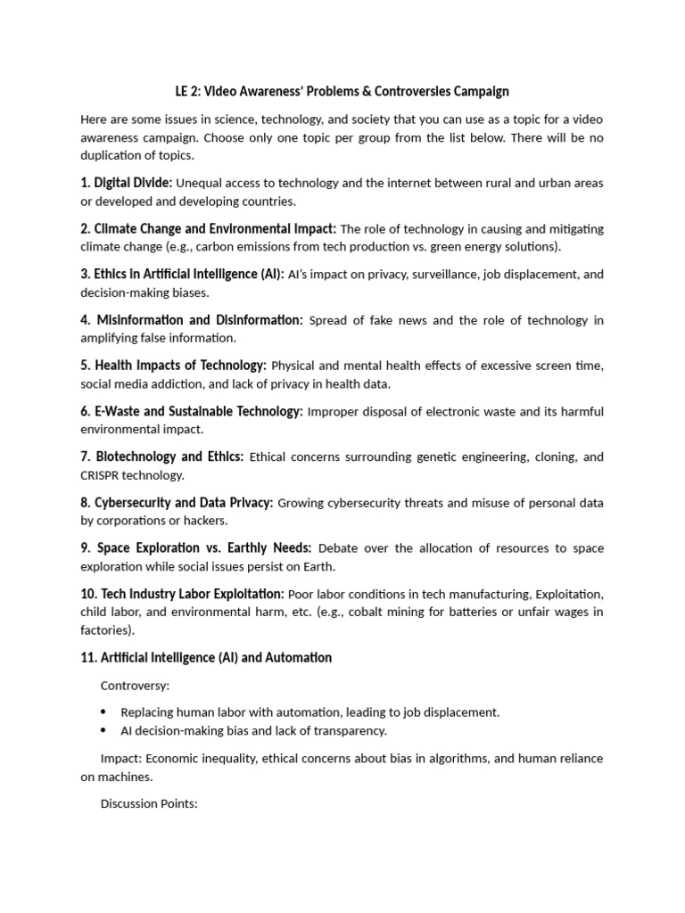 LE 2 Video Awareness Topics To Pick | PDF | Climate Change | Artificial ...