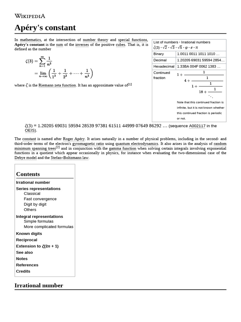 Apéry's Constant | PDF | Number Theory | Mathematical Objects