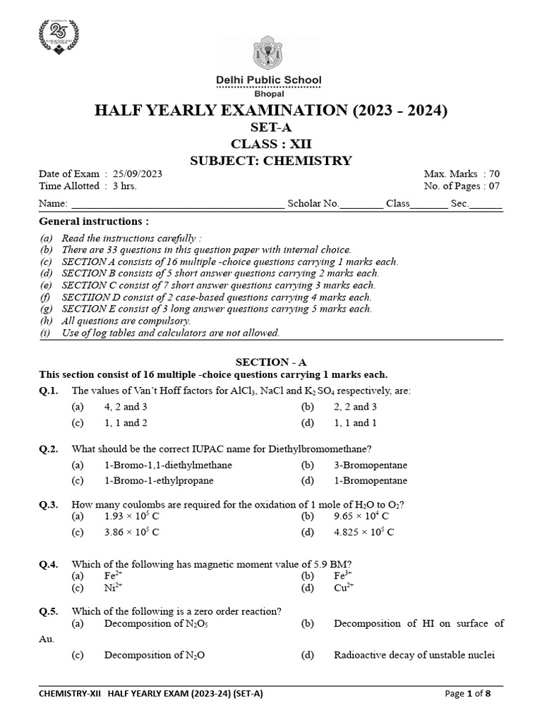 Chemistry Xii Half Yearly Exam 2023 24 Set A Pdf Chemical
