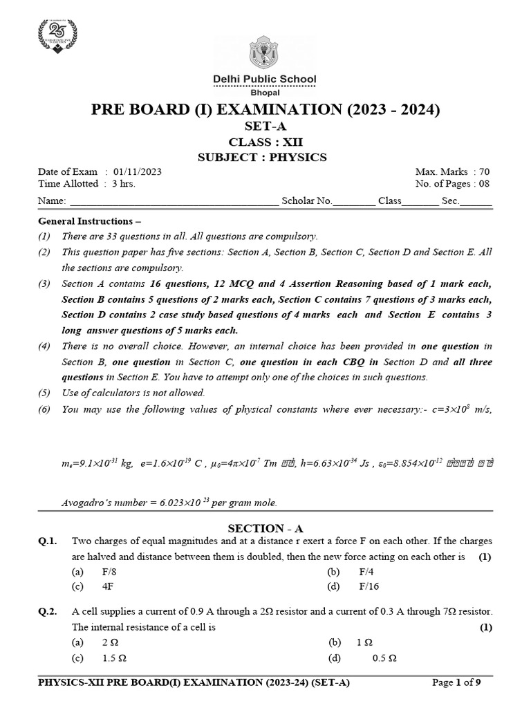 Physics-Xii Pre Board-I Exam (2023-24) (Set-A) | PDF | Electromagnetic ...