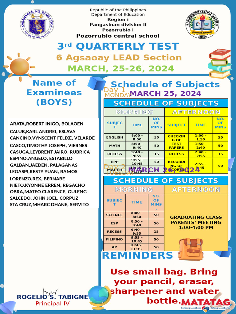 3rd Quarterly Test Schedule | PDF