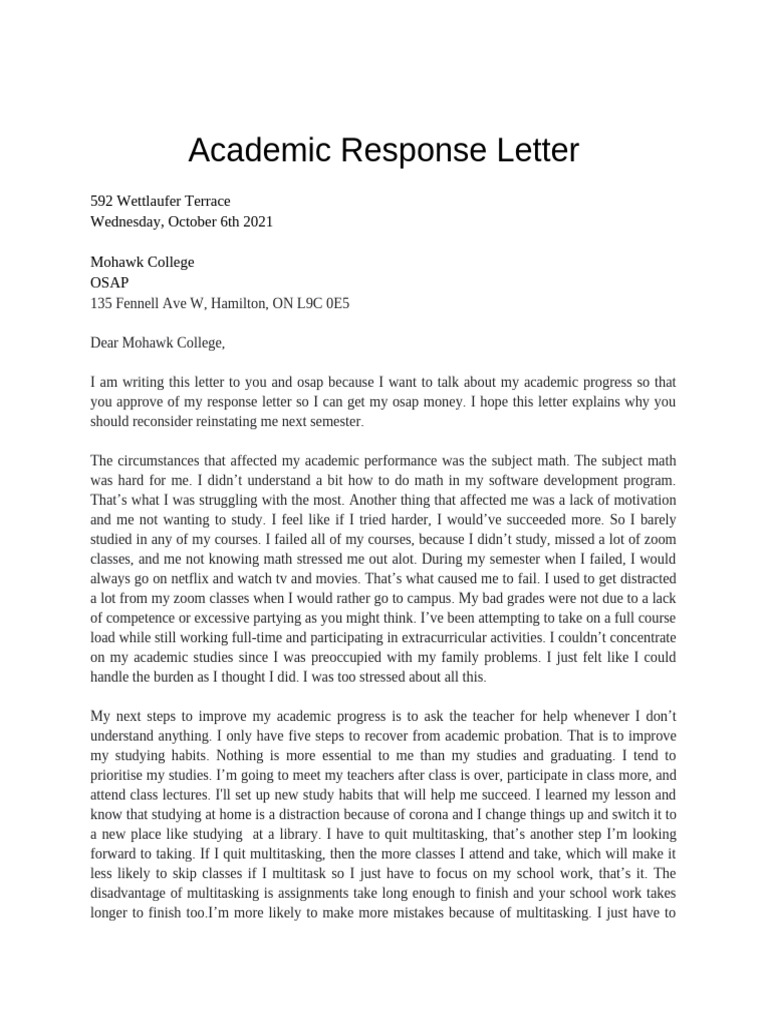 Academic Response Letter | PDF | Procrastination | Professional Skills