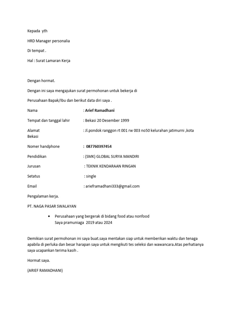 Surat Lamaran Kerja Arief Ramadhani | PDF