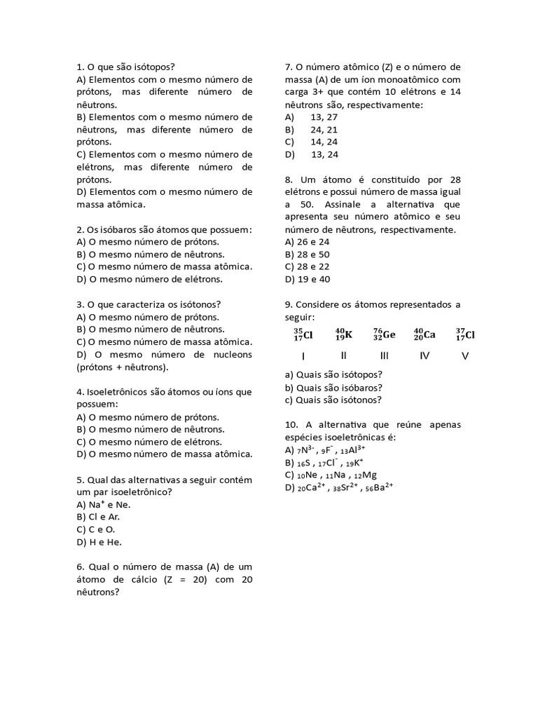 Isótopos, Isóbaros e Isoeletrônicos Explicados | PDF
