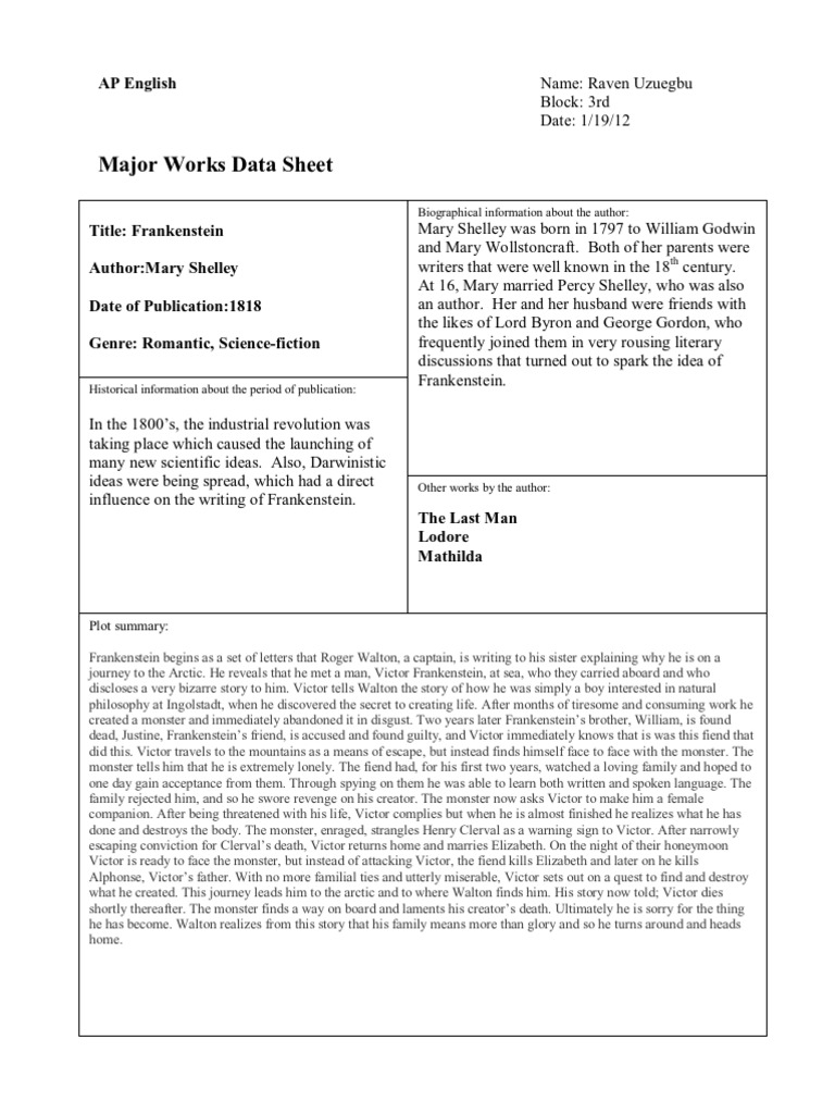 Major Works Data Sheet Template | PDF | Frankenstein