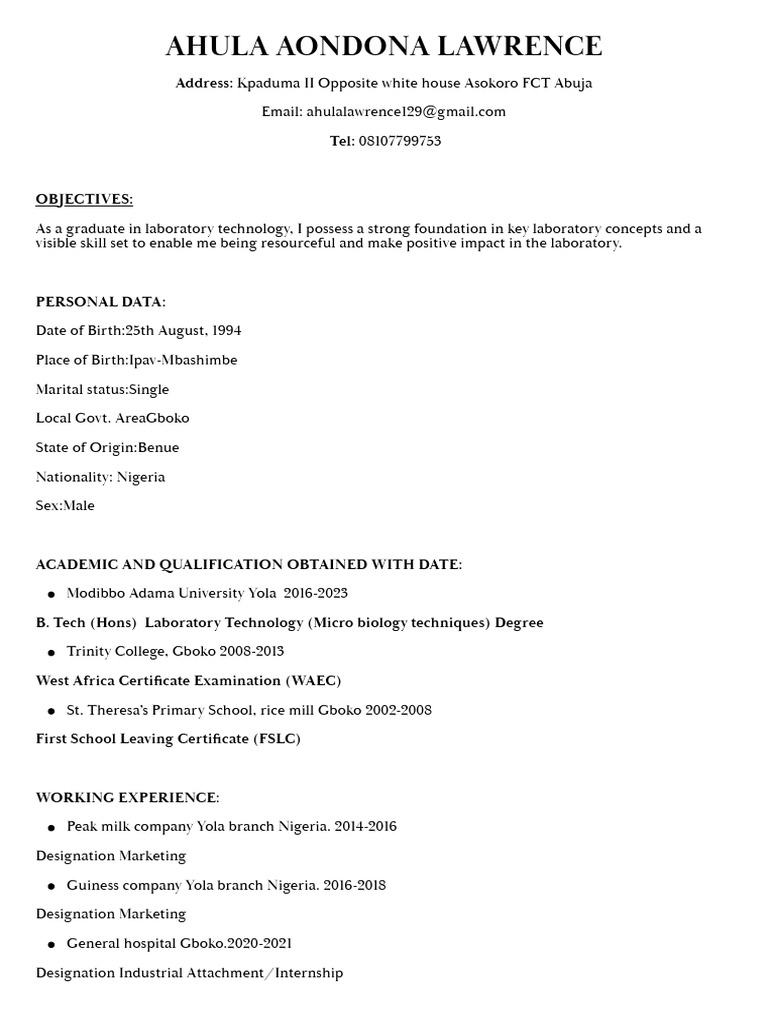 AHULA AONDONA LAWRENCE CV PDF | PDF