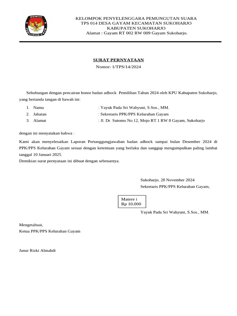 Surat Pernyataan Menyelesaikan SPJ Tps 014 | PDF