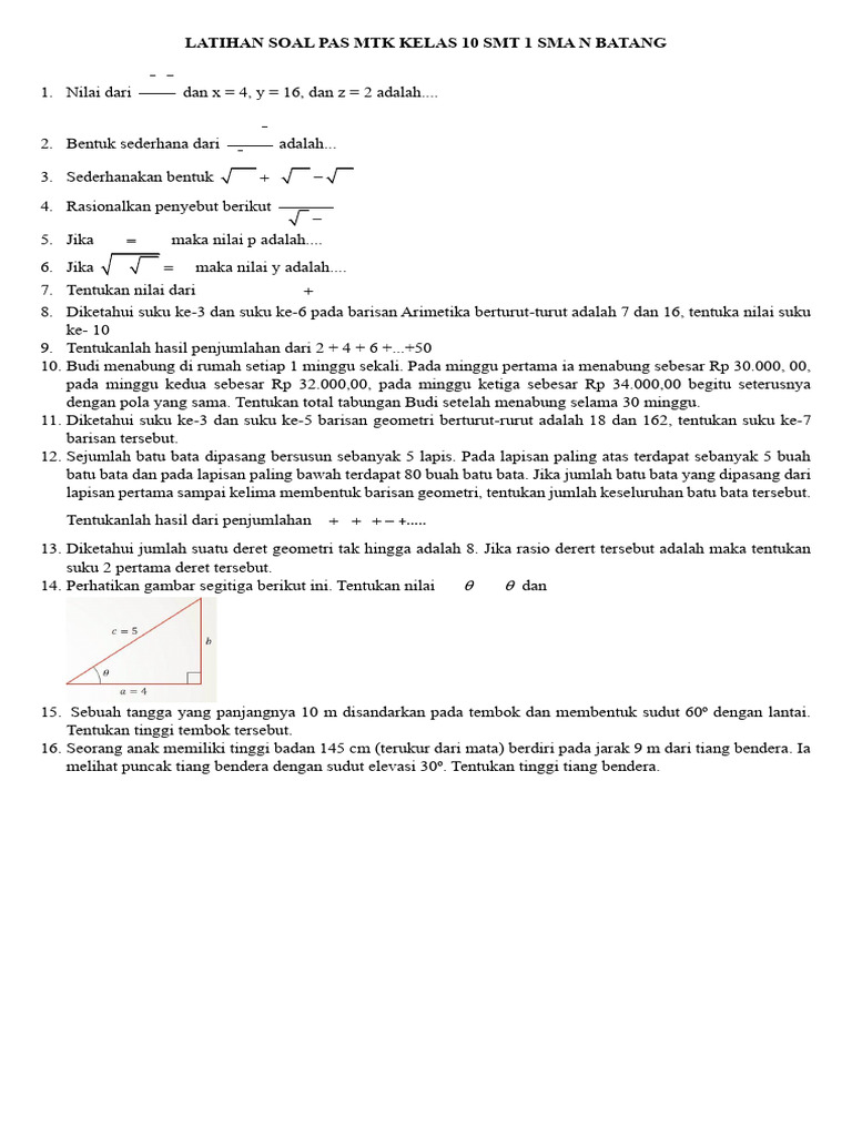 Latihan Soal Pas MTK Kelas 10 SMT 1 Sma N Batang TH 2024 | PDF