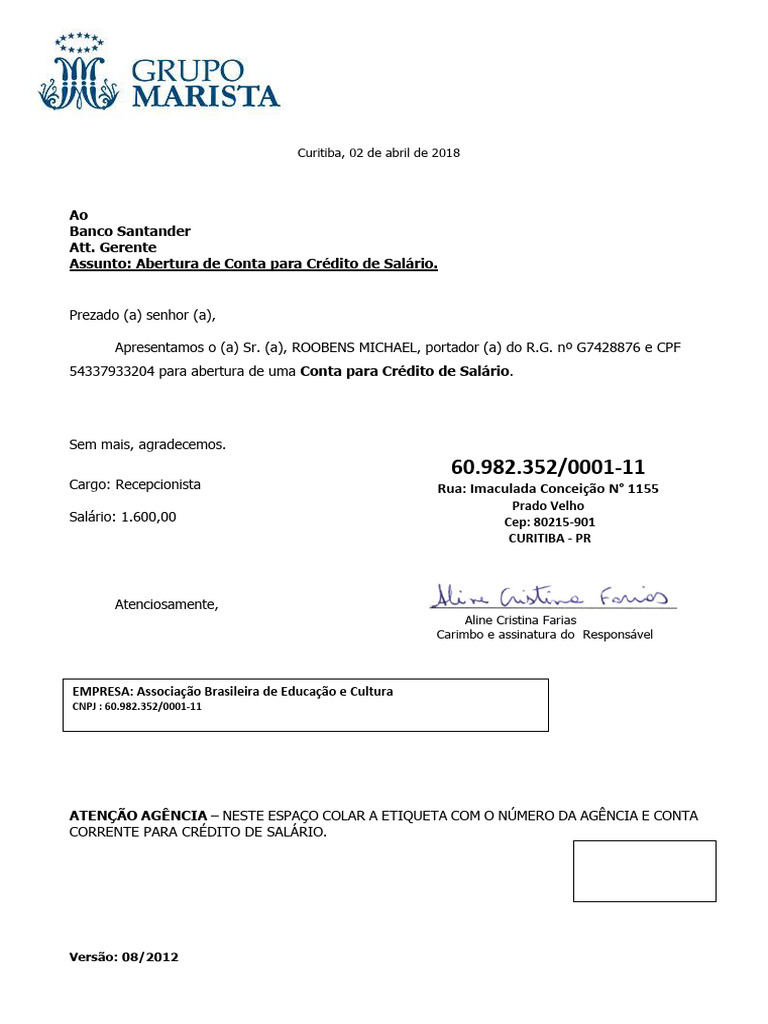 Carta de Renda Abec Ou Uce2018 | PDF