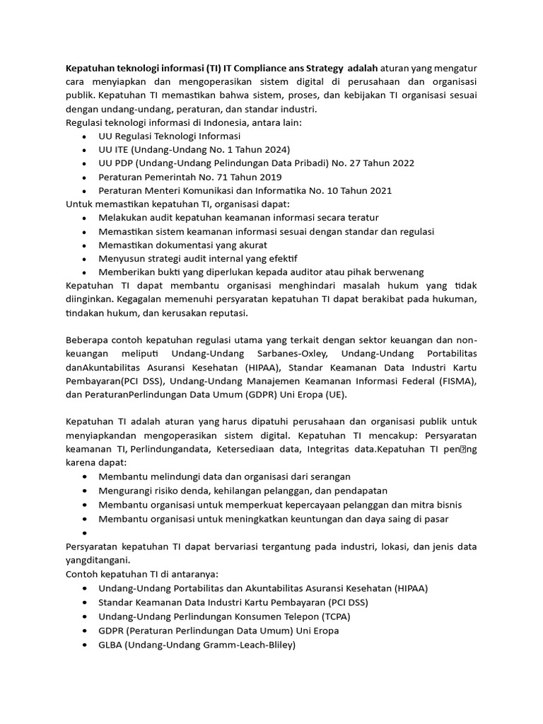 Kepatuhan TI dan Regulasi di Indonesia | PDF