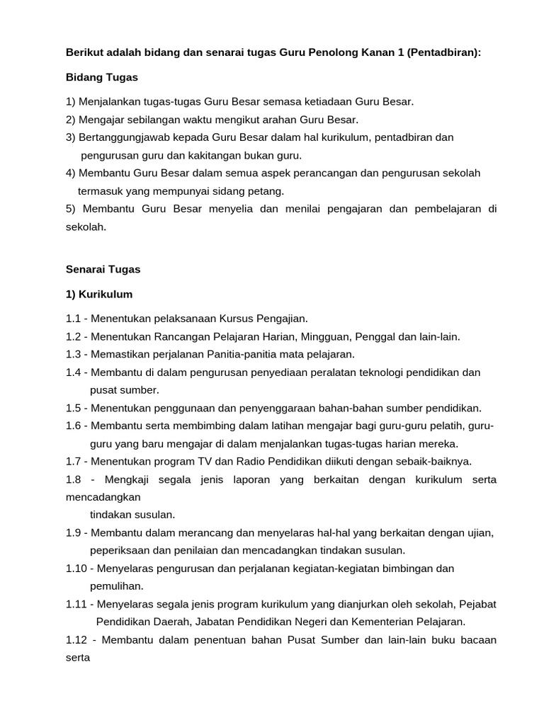 Tugas Guru Penolong Kanan 1 Pentadbiran | PDF