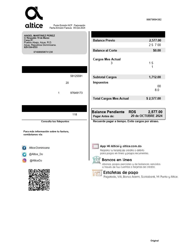 Factura Altice RD: Detalle y Pagos | PDF
