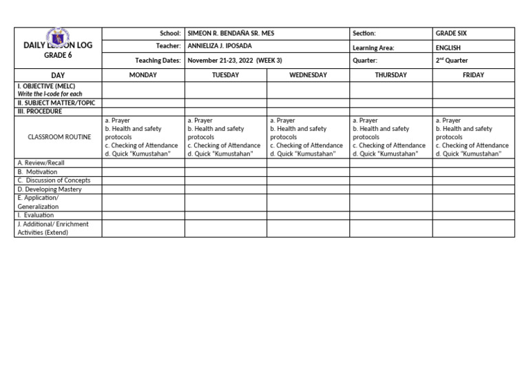 NEW DLL TEMPLATE DepEd Order No. 17 S. 2022 | PDF