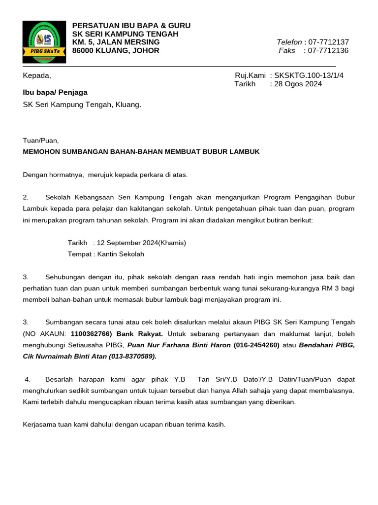 Surat Sumbangan Bubur Lambuk | PDF