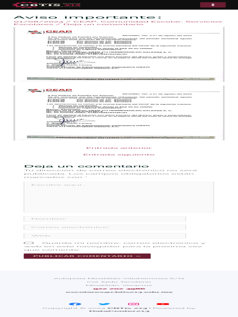 Aviso Importante CEAP 2024 CBTis 213 | PDF
