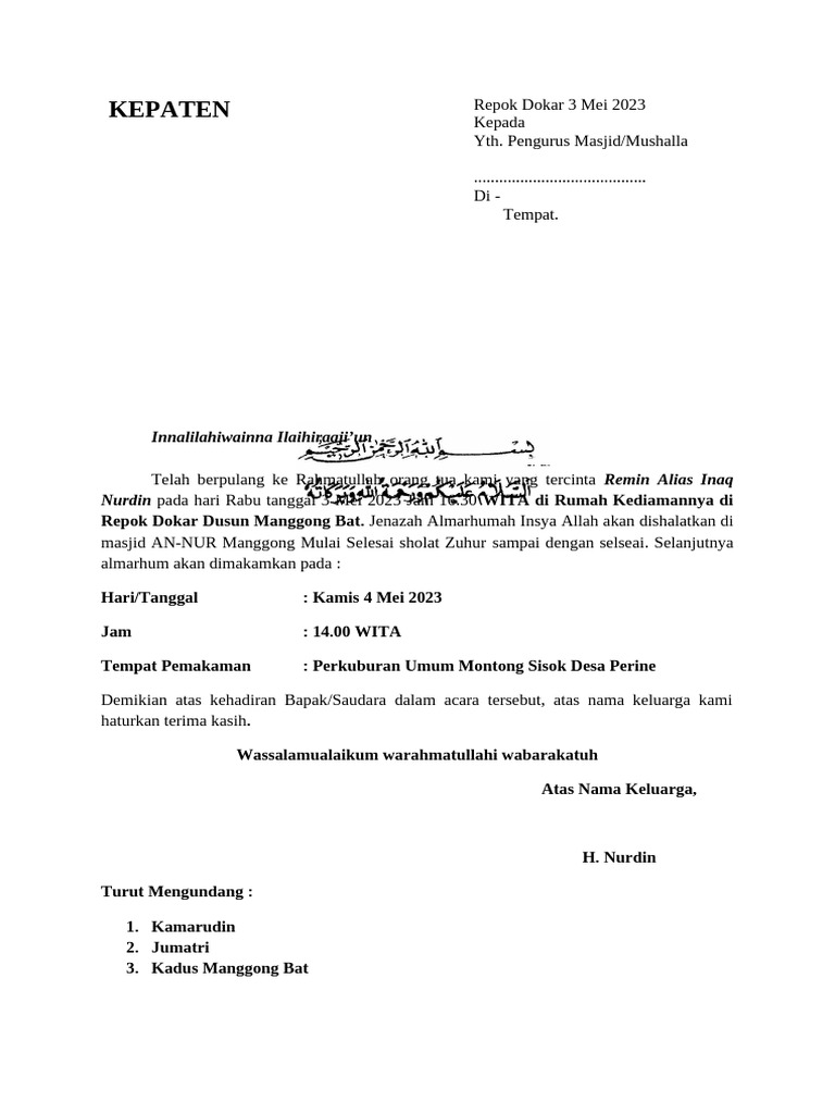 Undangan Sholat Jenazah Remin Nurdin | PDF