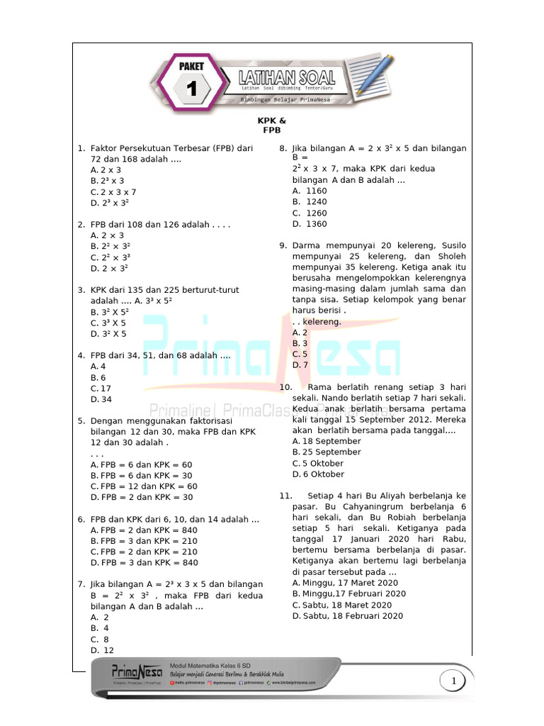 Mat Bab 3 Latihan Soal FPB & KPK | PDF