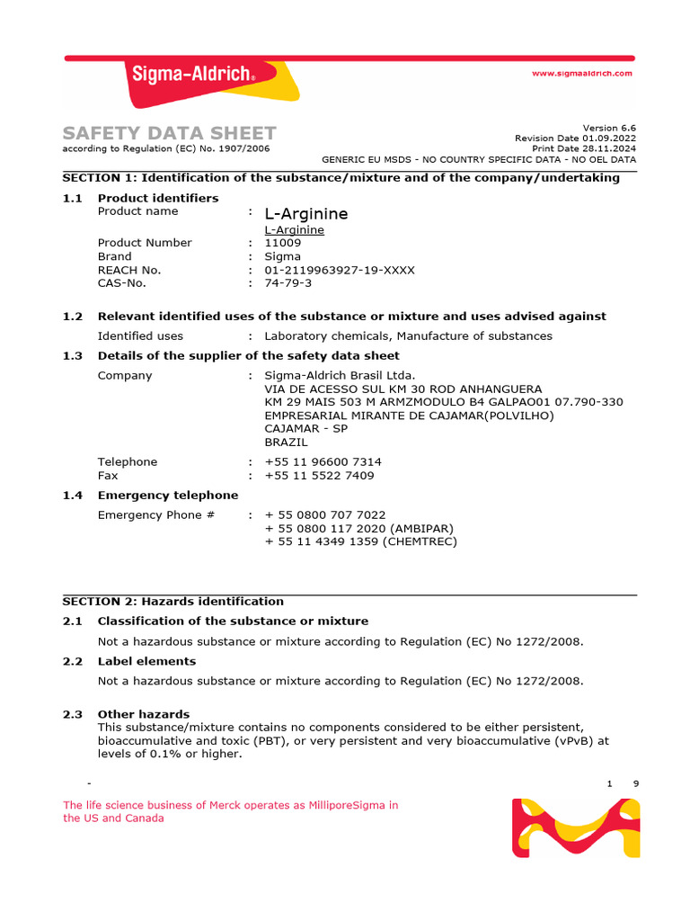 Safety Data Sheet: L-Arginine | PDF | Dangerous Goods | Toxicity