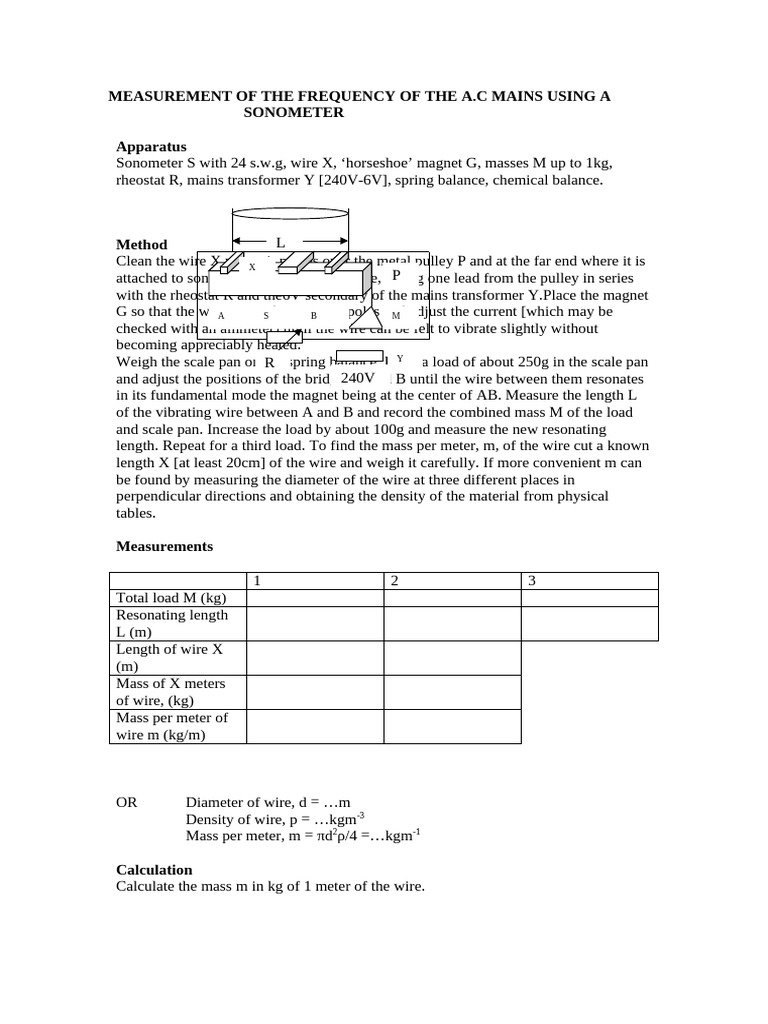 Measurement of The Frequency of The A.C Mains Using A Sonometer | PDF ...