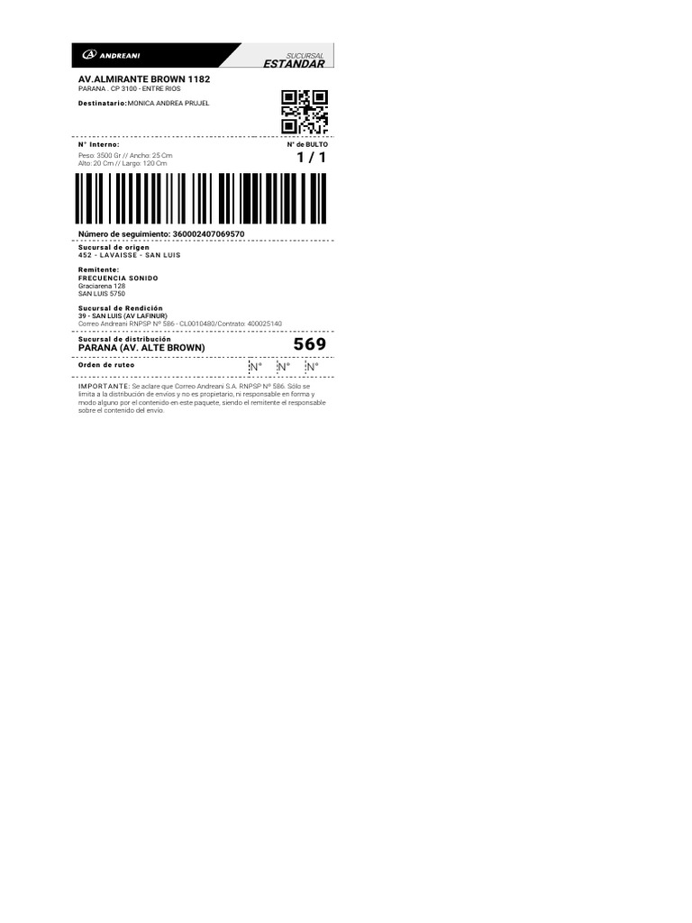 Envío Andreani de San Luis a Paraná | PDF