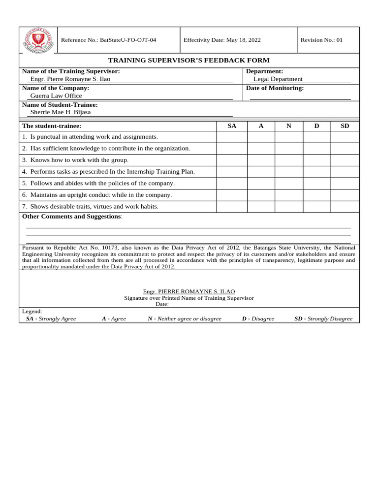 BatStateU-FO-OJT-04 - Training Supervisor's Feedback Form - Rev. 01 | PDF