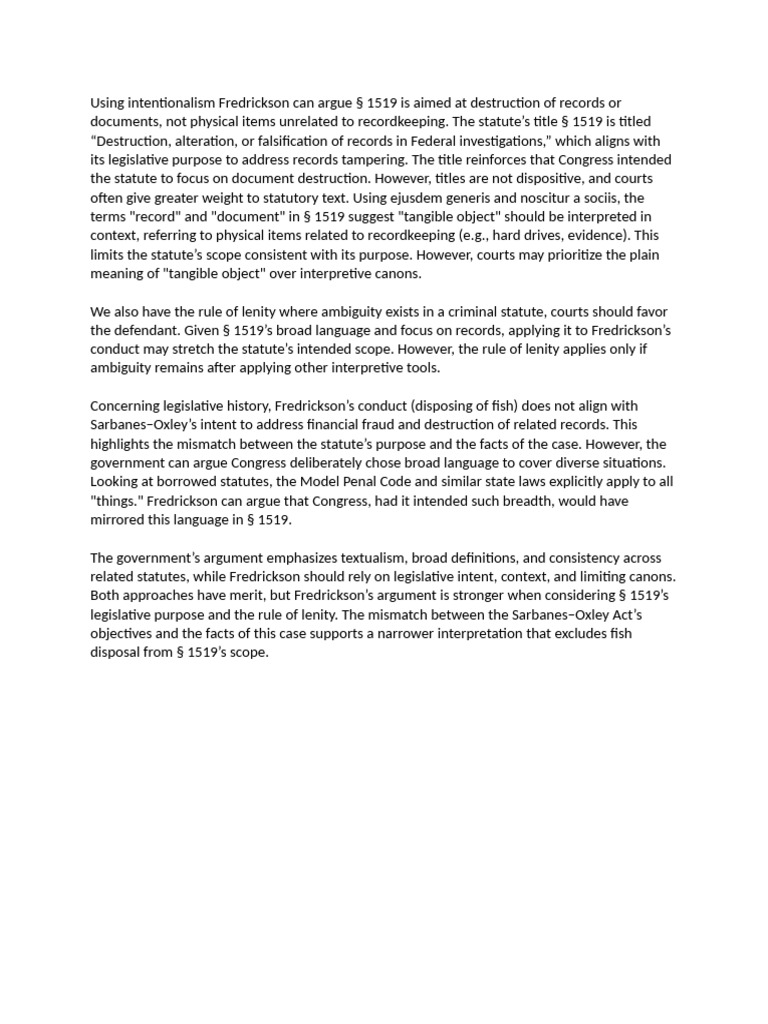 Fred Fredrickson Hypothetical | PDF