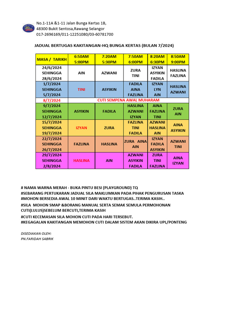 Jadual Bertugas - Bulan 7 BK 2024 | PDF