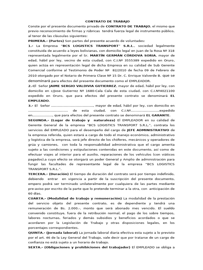 Contrato Laboral BCS Logistics 2010 | PDF | Derecho laboral | Salario