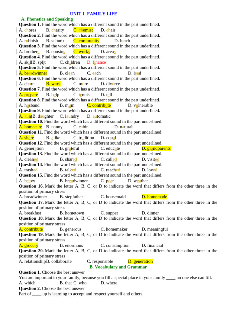 Unit 1 Family Life - Ex-St | PDF | Cohabitation | Marriage