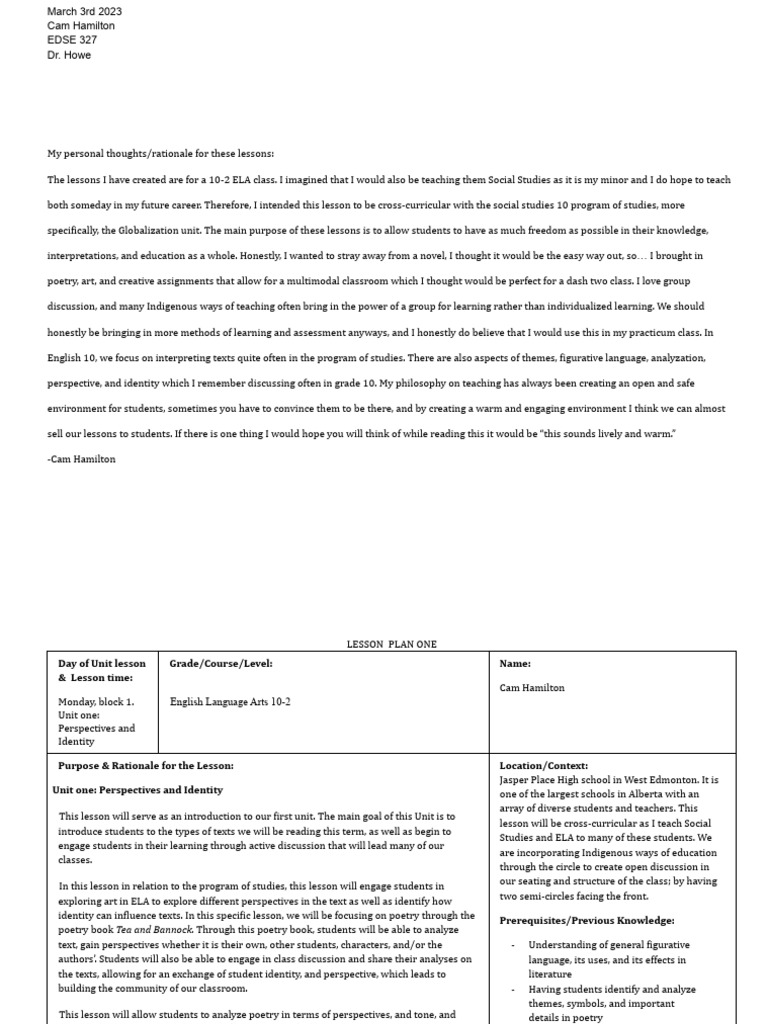 Cam Hamilton Lesson Plan Portfolio Cross-Curricular With Social Studies ...
