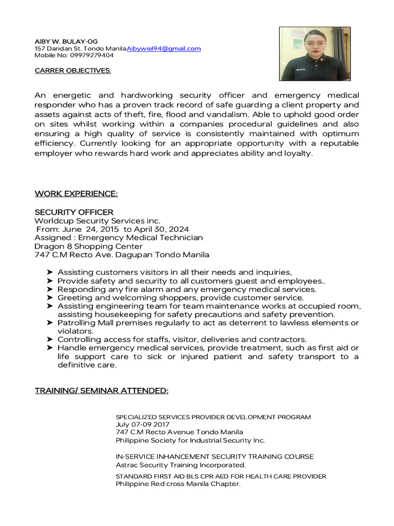 Security Officer & EMT Profile | PDF | Emergency Medical Services ...