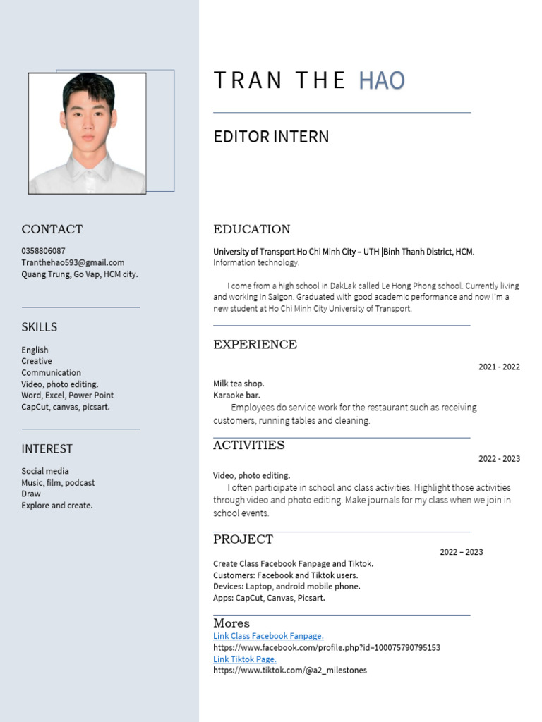CV Tran The Hao - Intern Editor | PDF