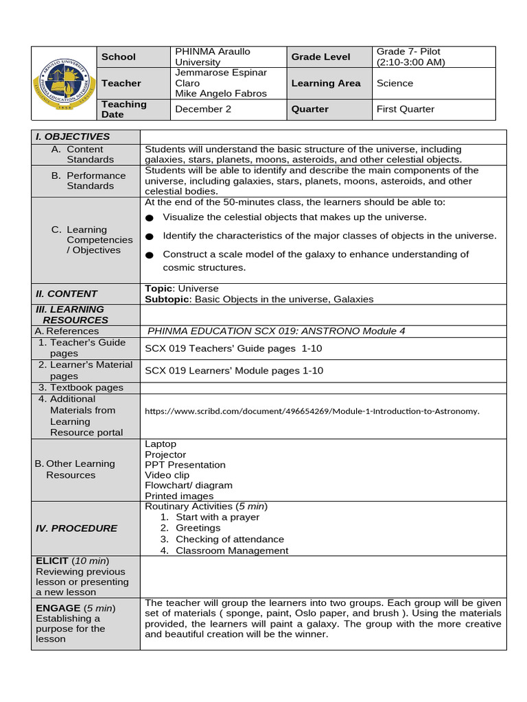 7e Semi Detailed LP in SCX 019 Module 4 | PDF | Galaxy | Stars