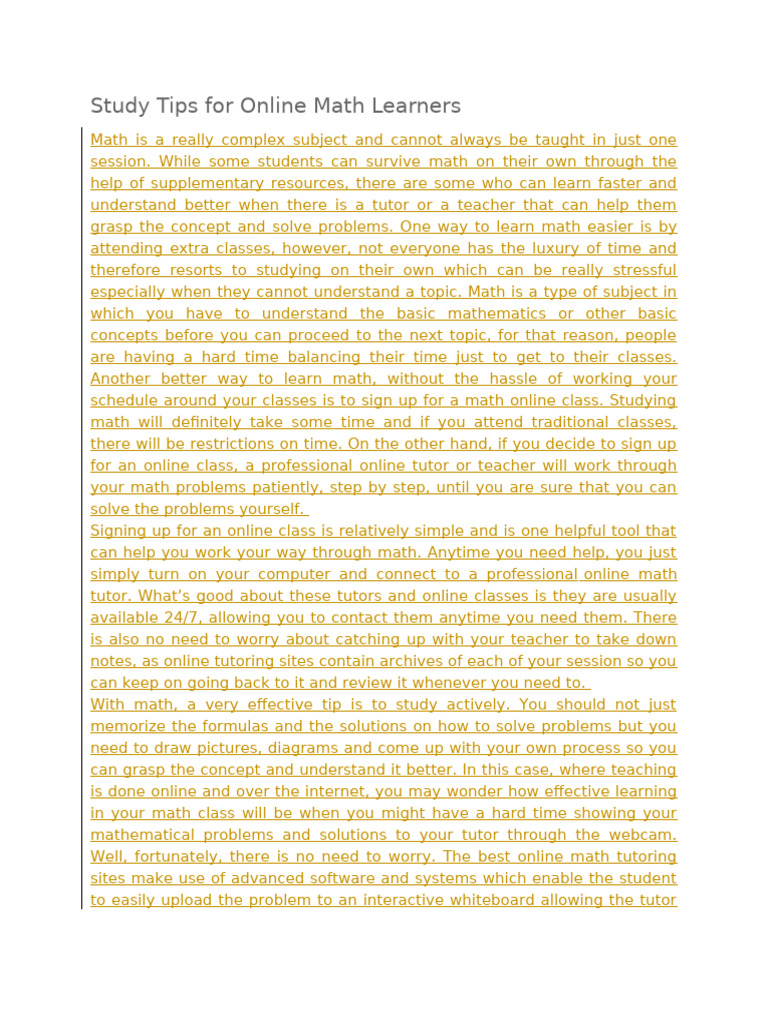 Study Tips For Online Math Learners | PDF | Mathematics | Teachers