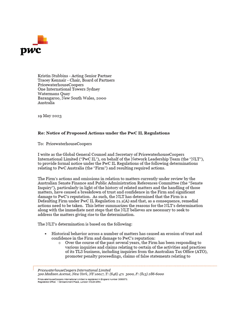 PWC - Remediation Letter 1 - 19 May 2023 | PDF | Governance | Conflict ...