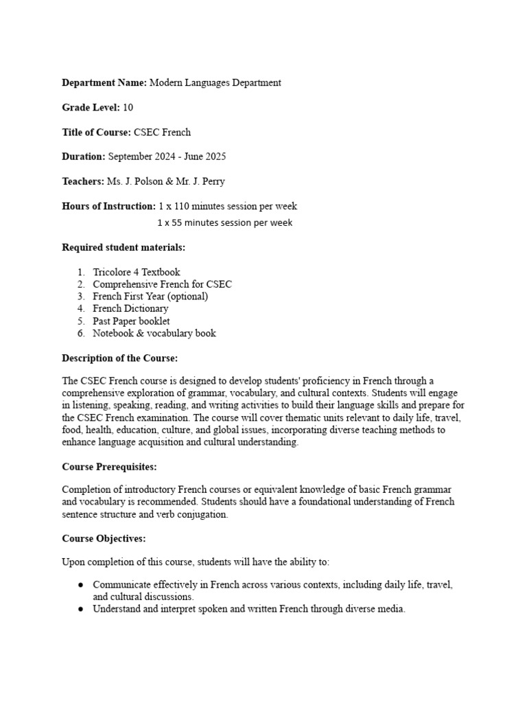 Grade 10 French Course Outline | PDF | French Language | Vocabulary