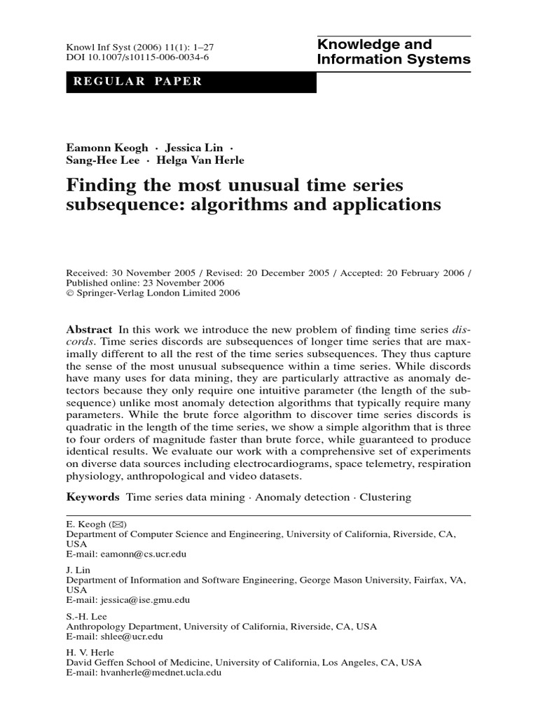 Keogh - Etal - 2007 - Finding The Most Unusual Time Series Subsequence | PDF | Time Series ...