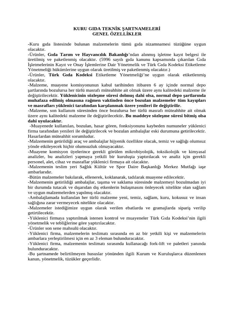 Kuru Gida Tekni̇k Şartnamesi̇ | PDF