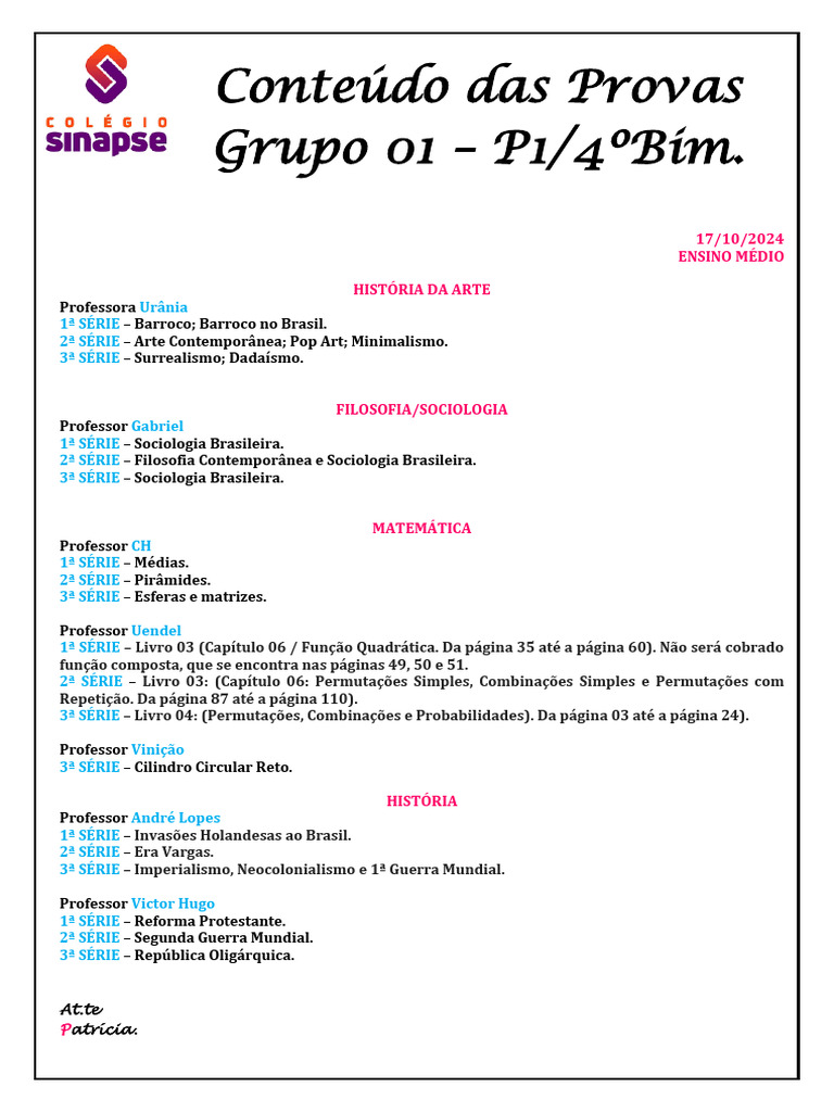 Conteúdos Das Provas - Ensino Médio Grupo 01-09-10-2024 - p1 b4 | PDF