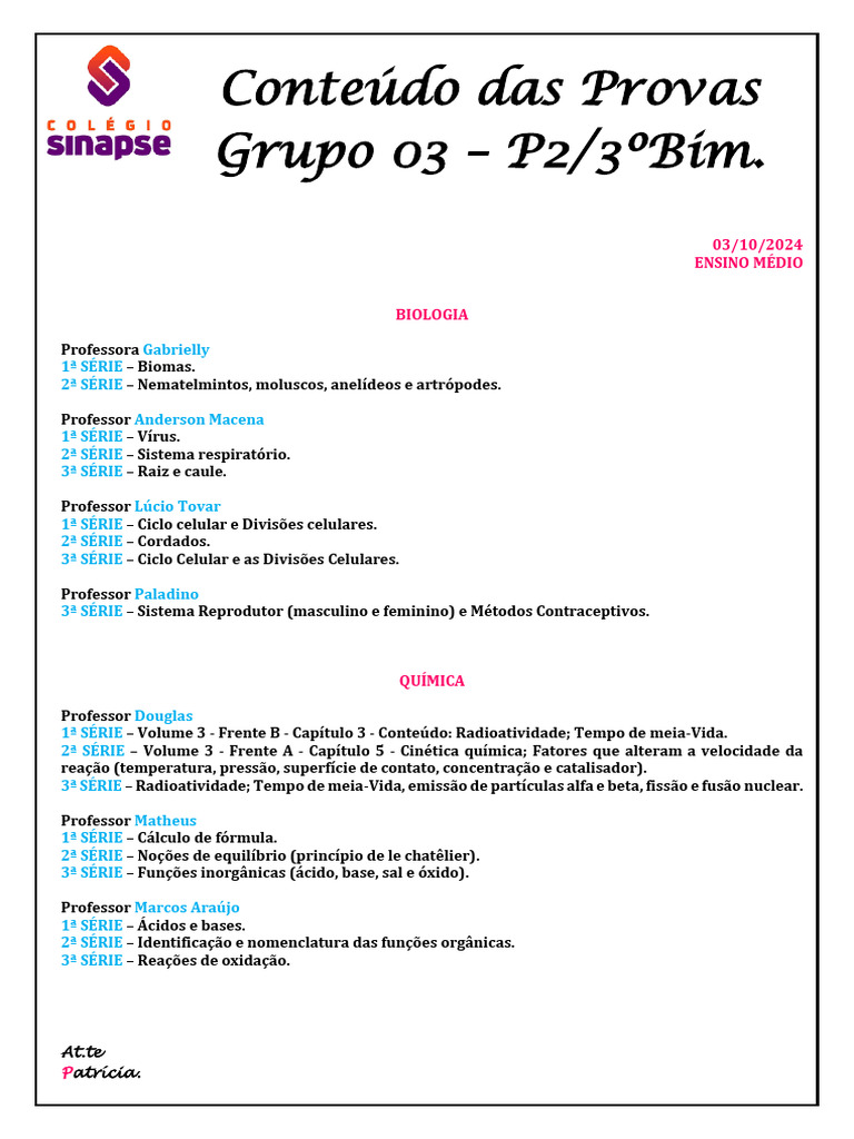 Conteúdos Das Provas P2 B3 - Ensino Médio - 24-09-2024 - Grupo 03 | PDF