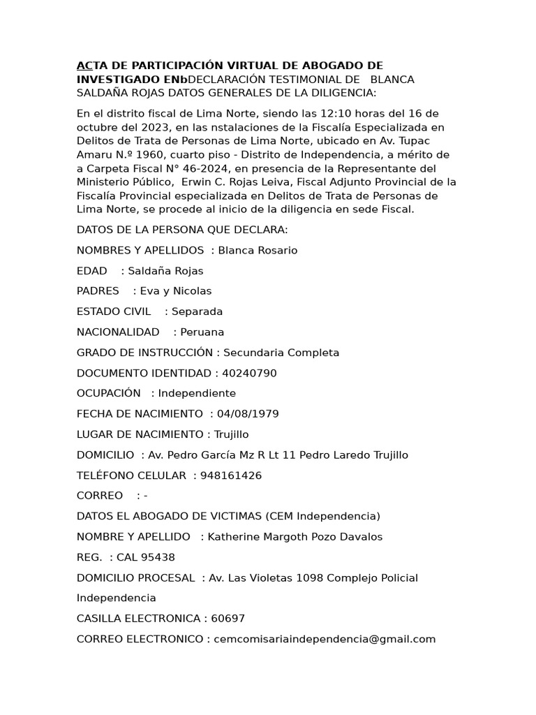 Declaración Virtual de Blanca Saldaña | PDF