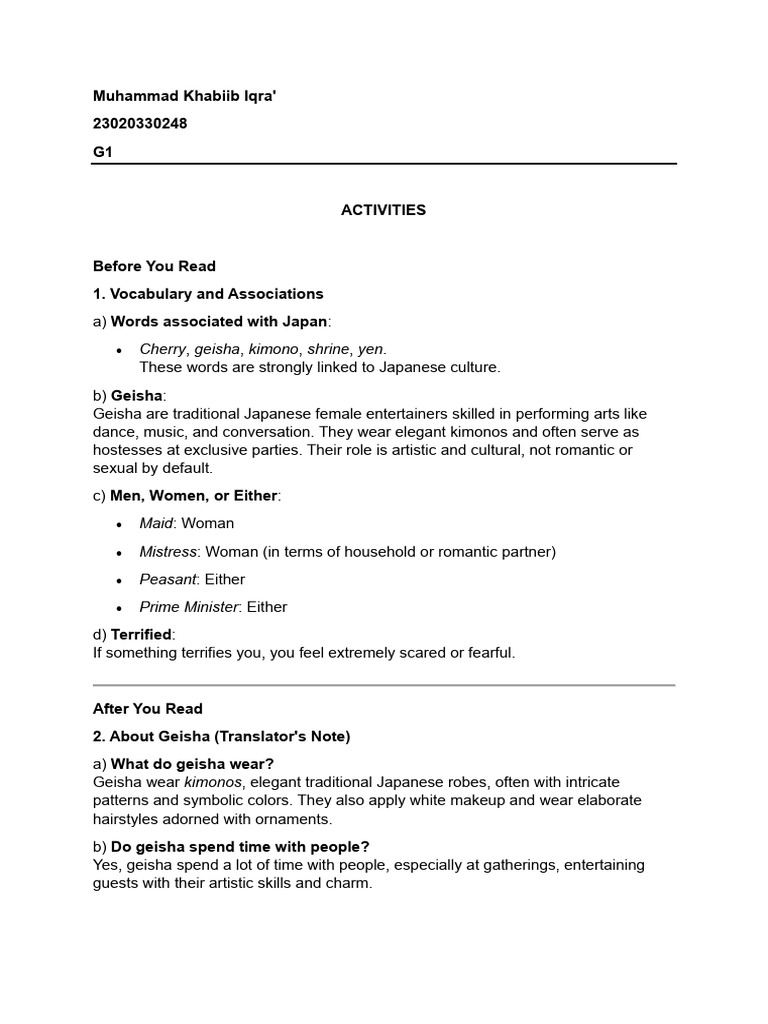 Memoirs of Geisha Activities | PDF