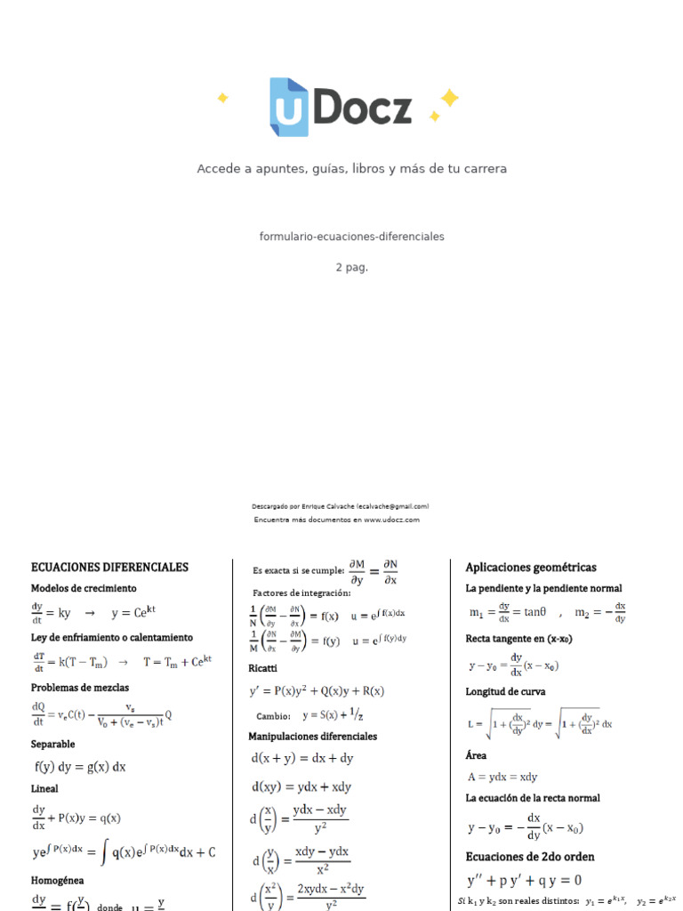 Formulario Ecuaciones Diferenciales | PDF