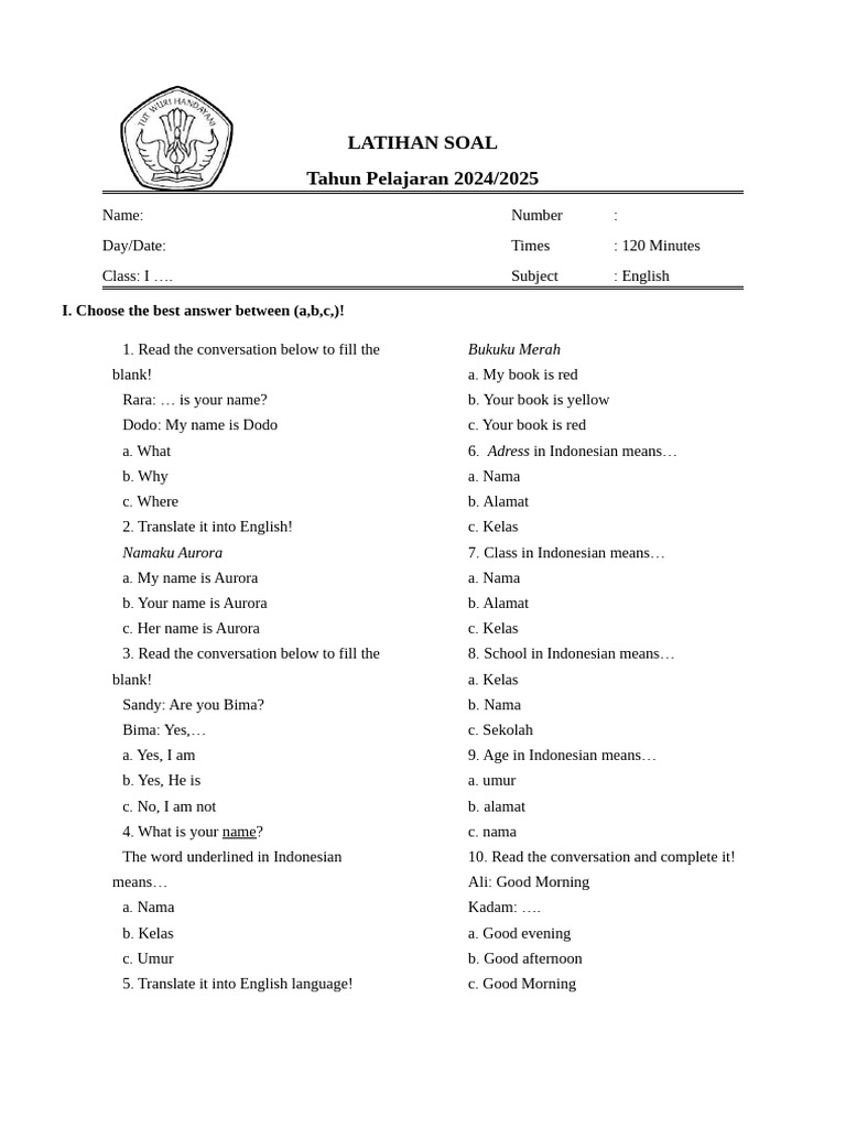 Latihan Soal Persiapan Sumatif Harian Kelas 1 Chapter 3 | PDF