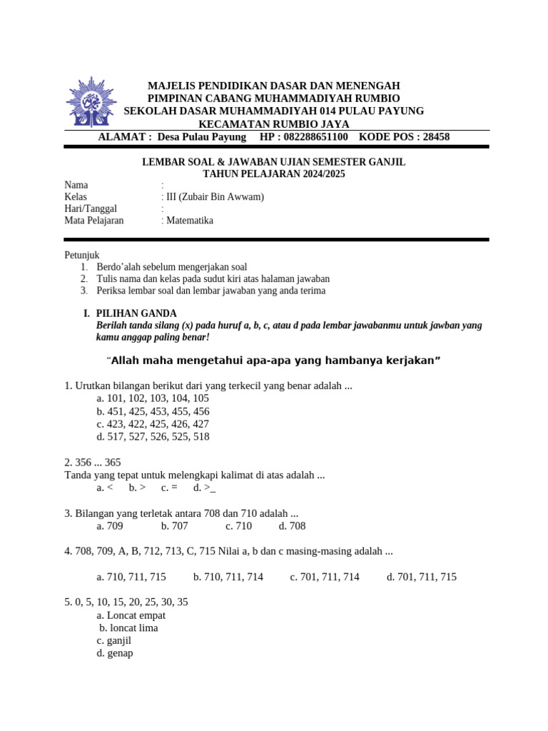 Soal Matematika Iii Zubair Semester 1 | PDF