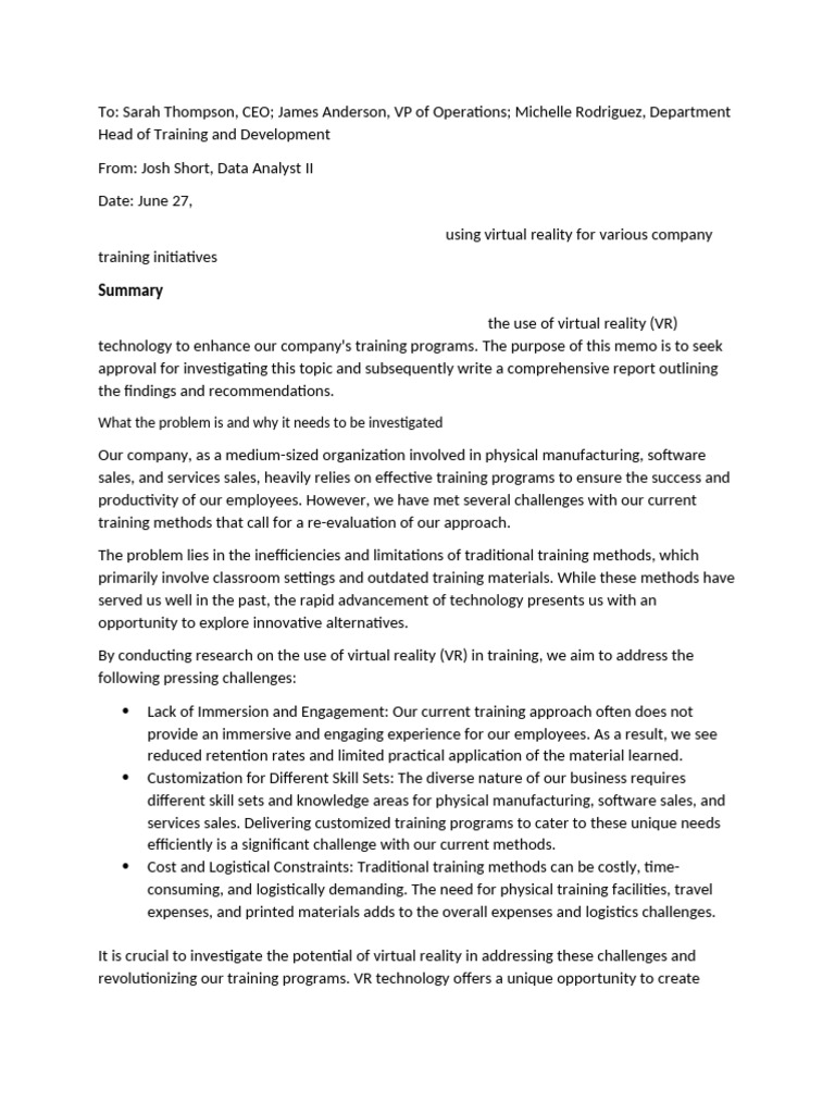 Draft Memo WA#1 | PDF | Virtual Reality | Competitive Advantage