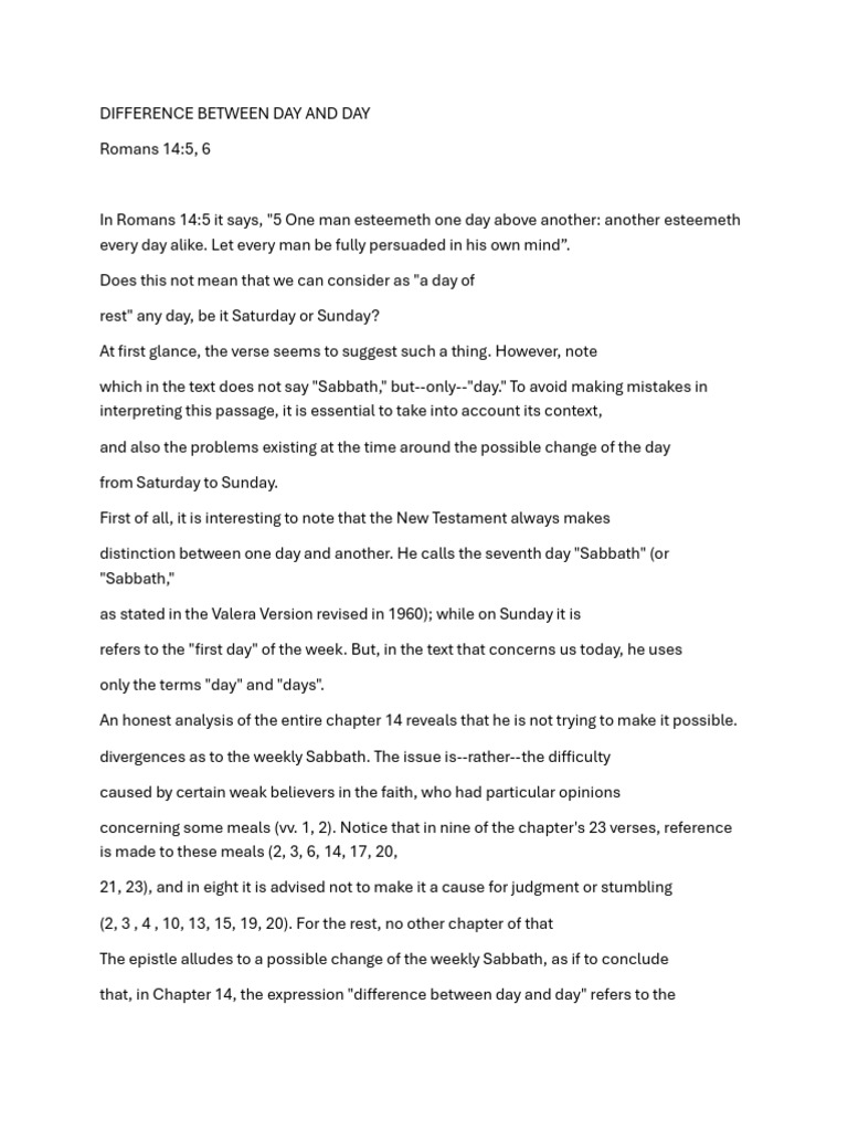 Difference Between A Day Romans | PDF | Biblical Sabbath | Jesus